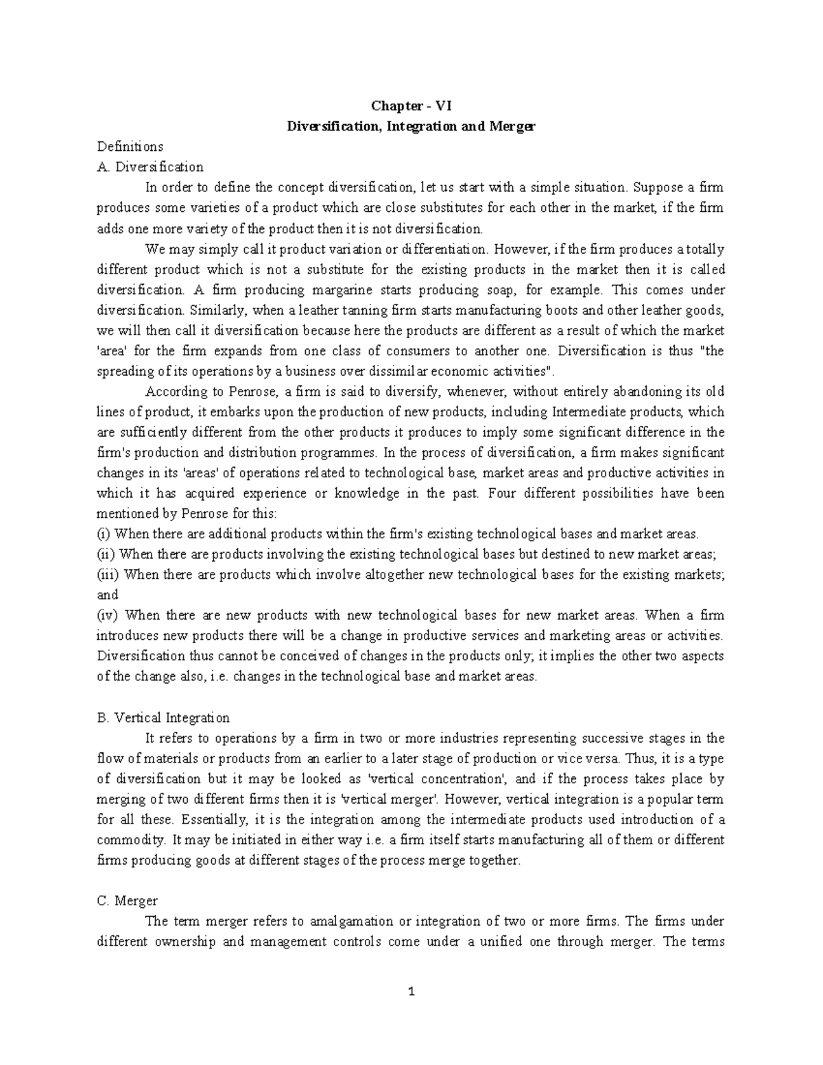 Chapter VI & VII: Diversification, Integration, and Merger Concepts ...
