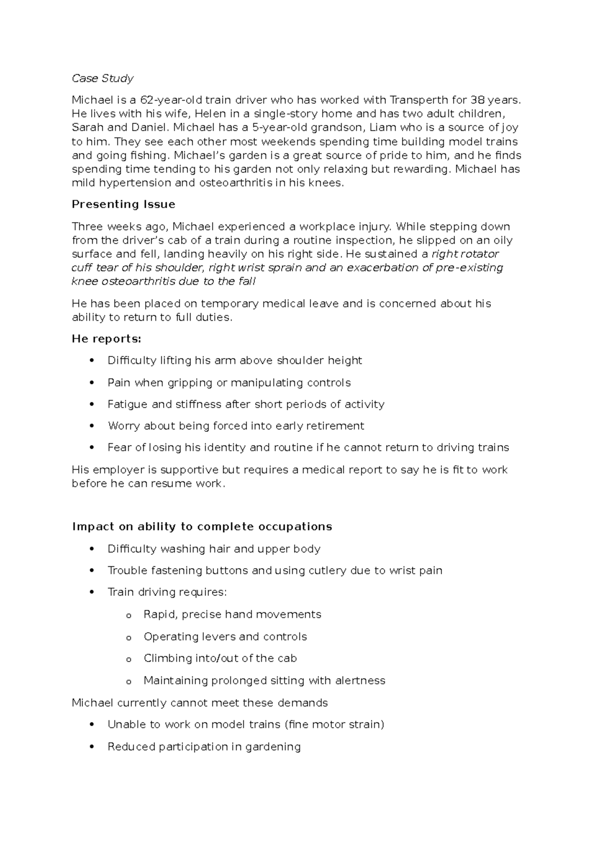 Module 12 Case Study: Michael's Workplace Injury and Recovery - Studocu