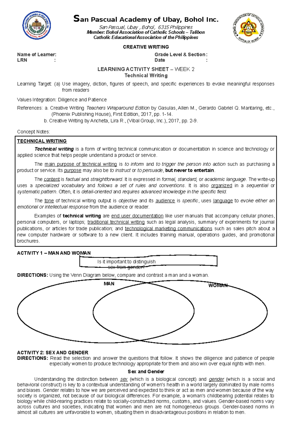 Creative Writing 1-2: Week 2 Learning Activity Sheet on Technical ...