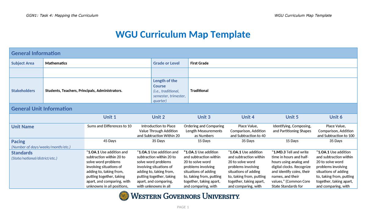 WGU MATH 1st Grade Curriculum Map Overview and Unit Details - Studocu