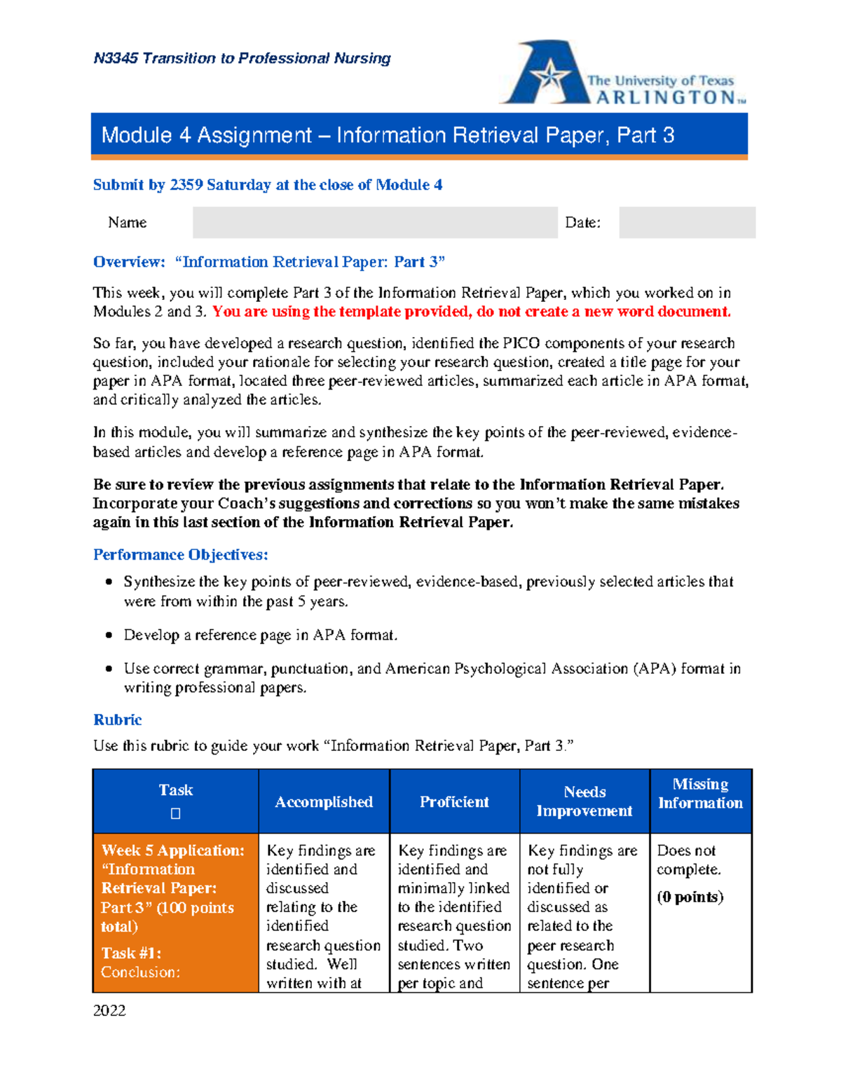 N3345 Transition to Professional Nursing Module 4 Info Retrieval Paper ...