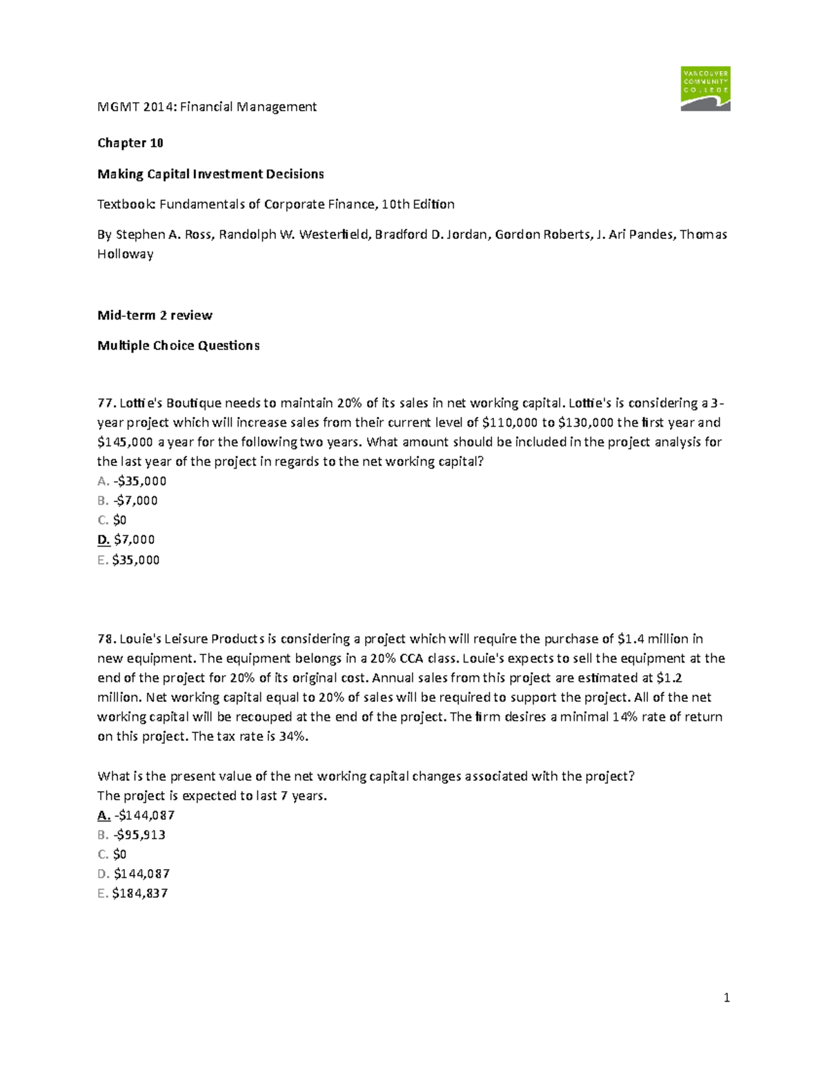 FIN - CH10 questions 2 - C10-q2 - Chapter 10 Making Capital Investment ...