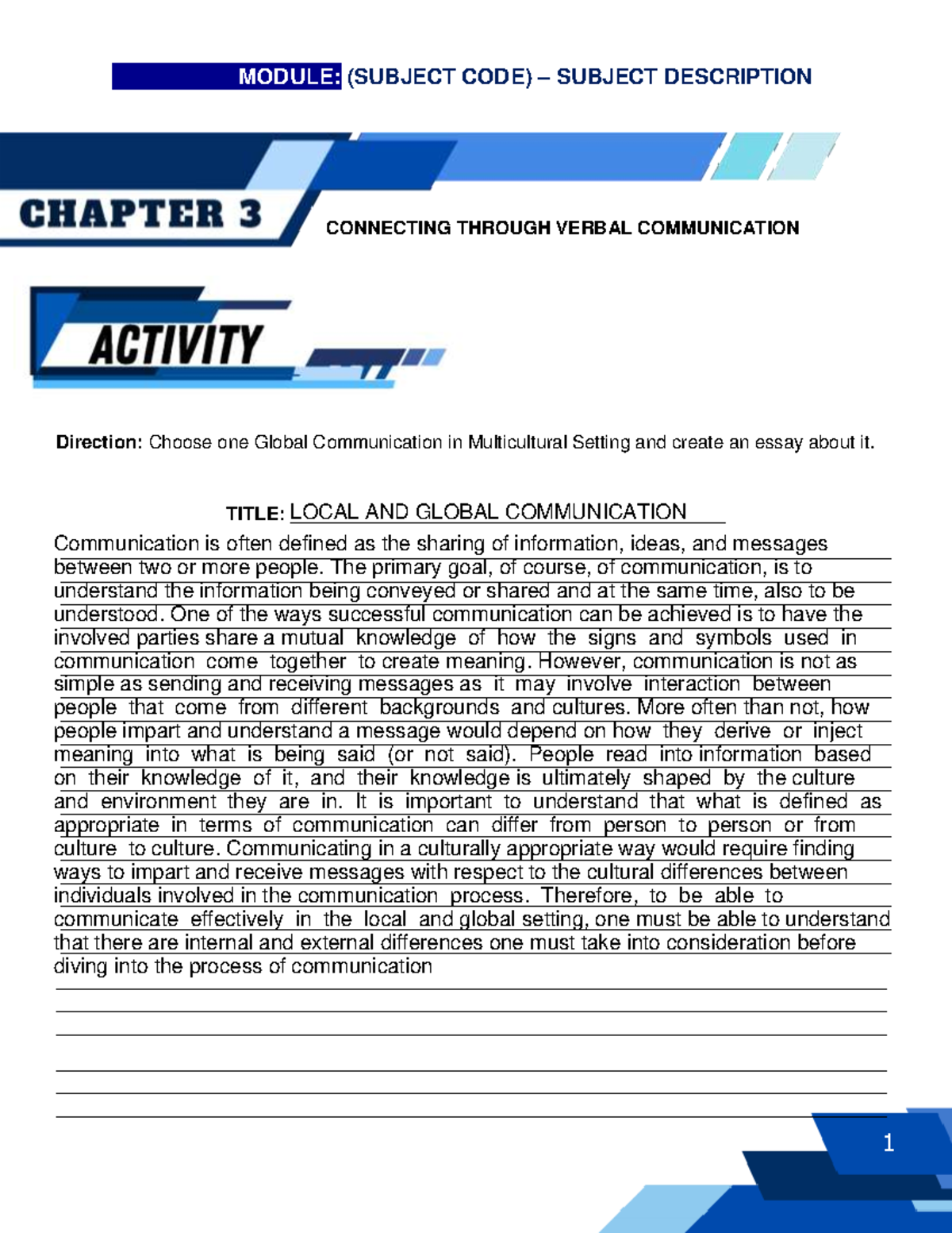 Activity 03 - MODULE: (SUBJECT CODE) – SUBJECT DESCRIPTION 1 CONNECTING ...