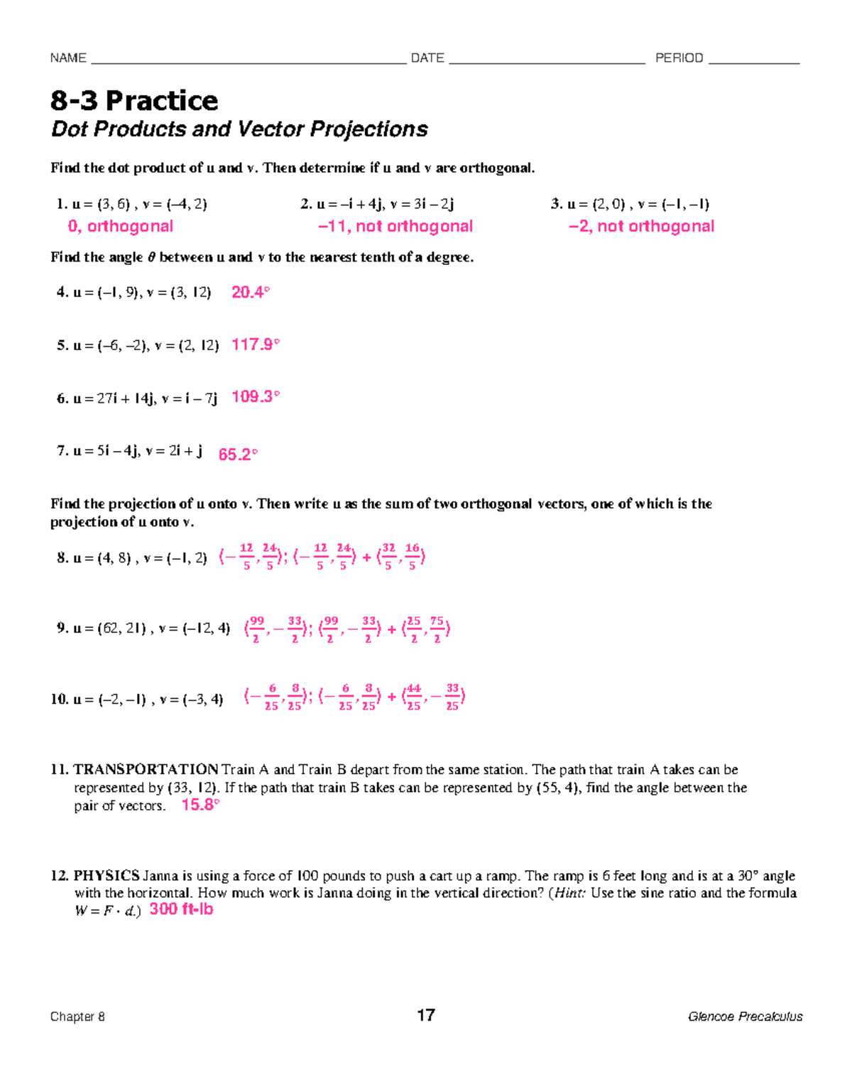 Chapter 8.3 - Practice on Dot Products & Vector Projections - Studocu