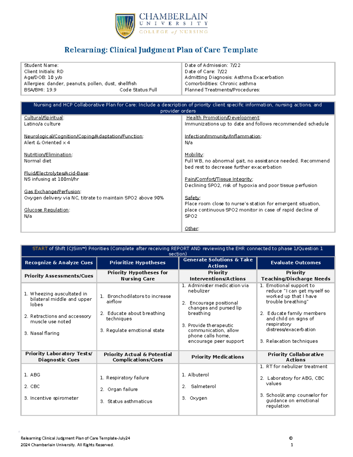 CJMM 2024 Clinical Judgment Plan of Care Template for Asthma Management ...
