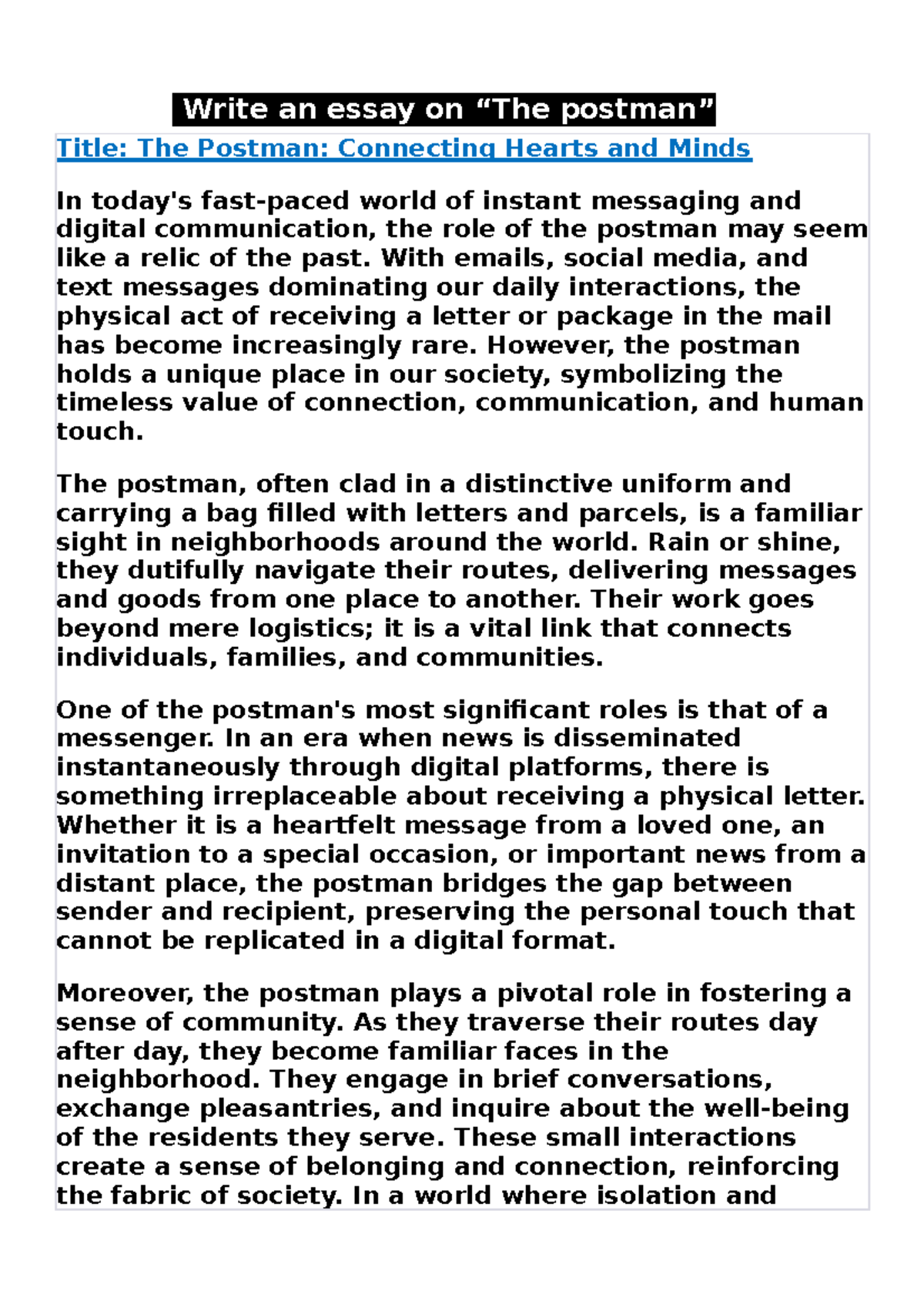 The Postman , Conecting Heart And Mind - Write an essay on “The postman ...