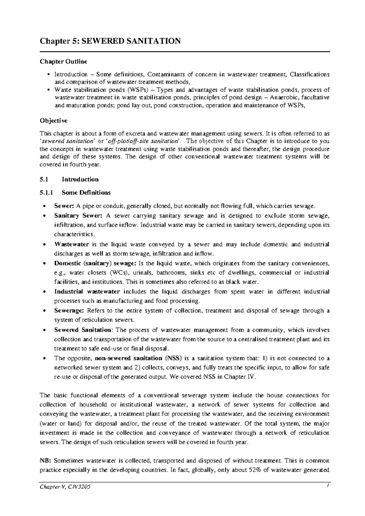 Chapter 5: Sewered Sanitation and Waste Stabilization Ponds (CIV3205 ...
