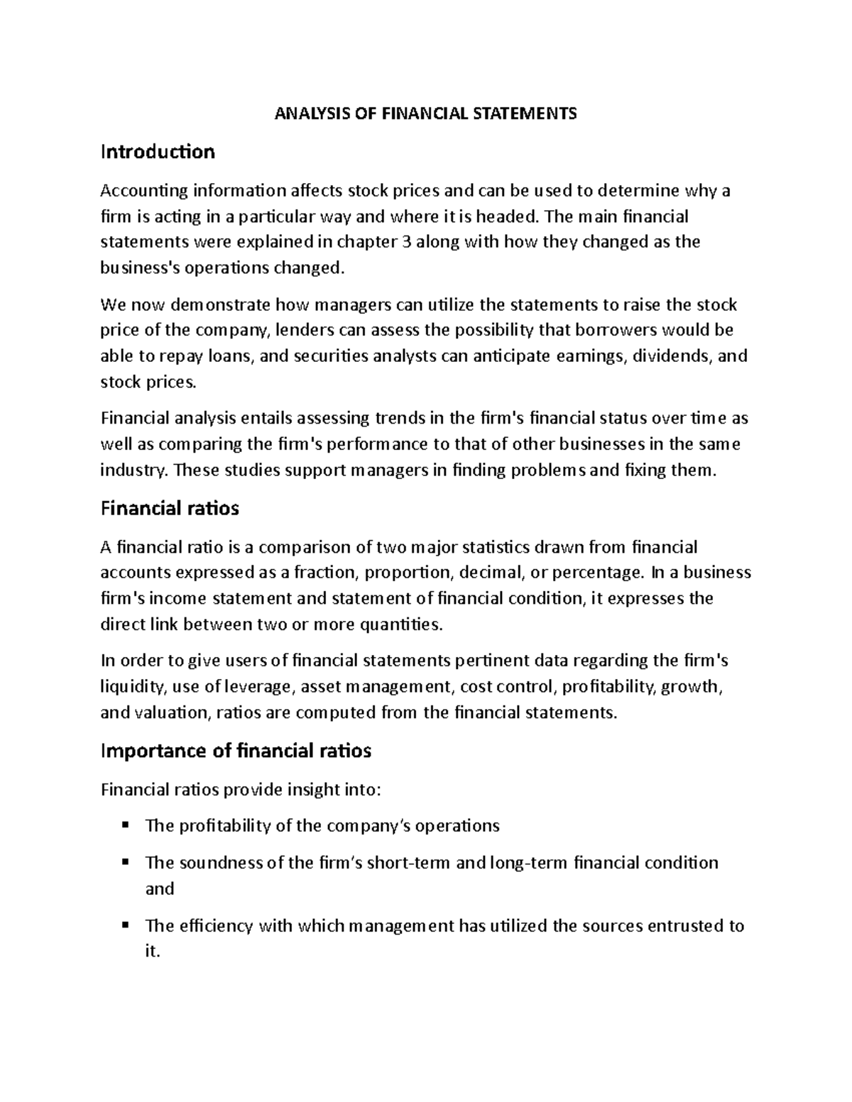 Analysis OF Financial Statements - ANALYSIS OF FINANCIAL STATEMENTS ...