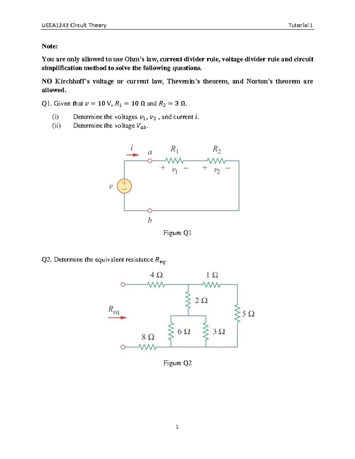 UEEA1243 Circuit Theory Tutorial 1 - Current & Voltage Analysis - Studocu