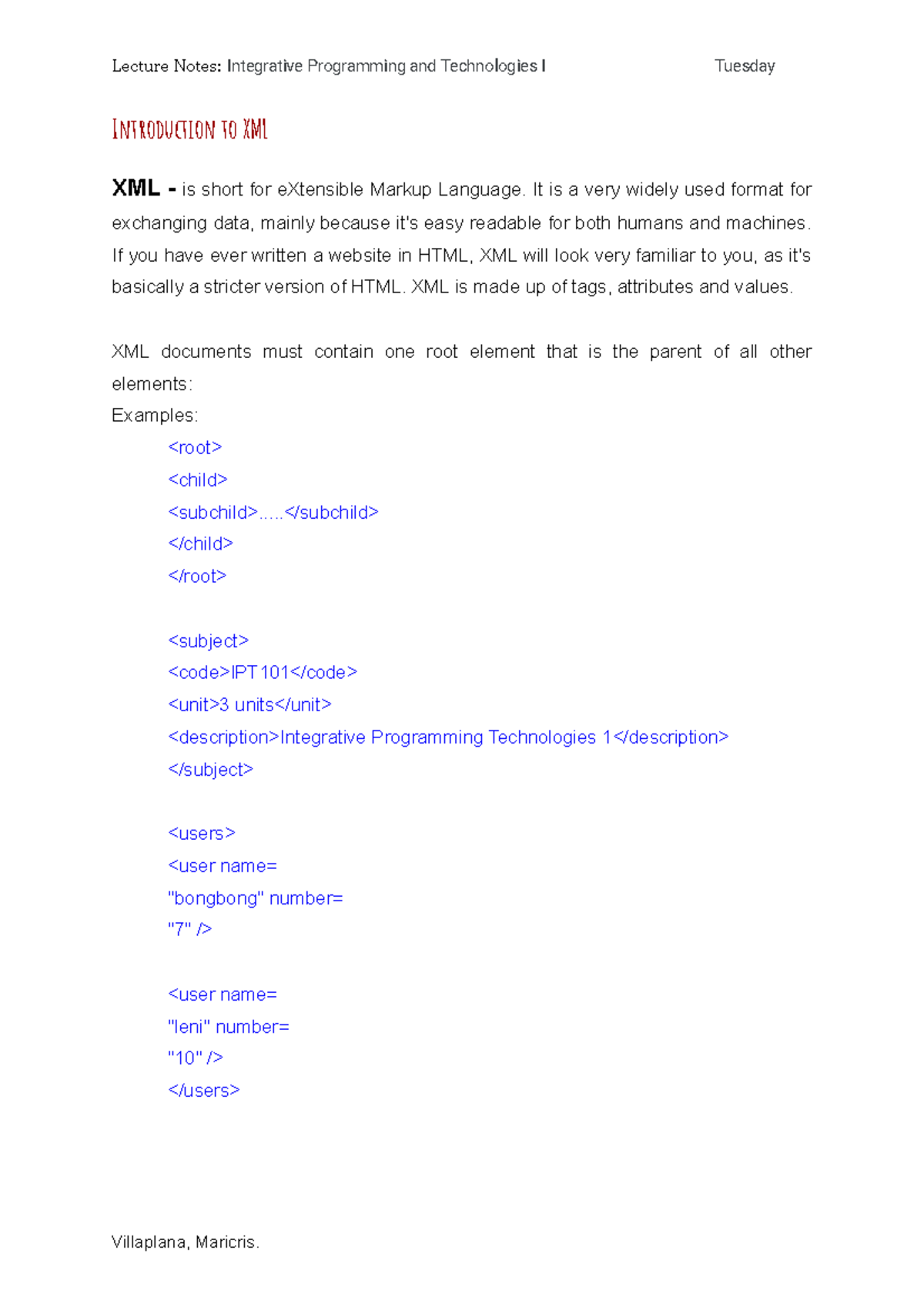 Introduction To Xmlweek11 Lecture Notes Introduction To Xml Xml 2261
