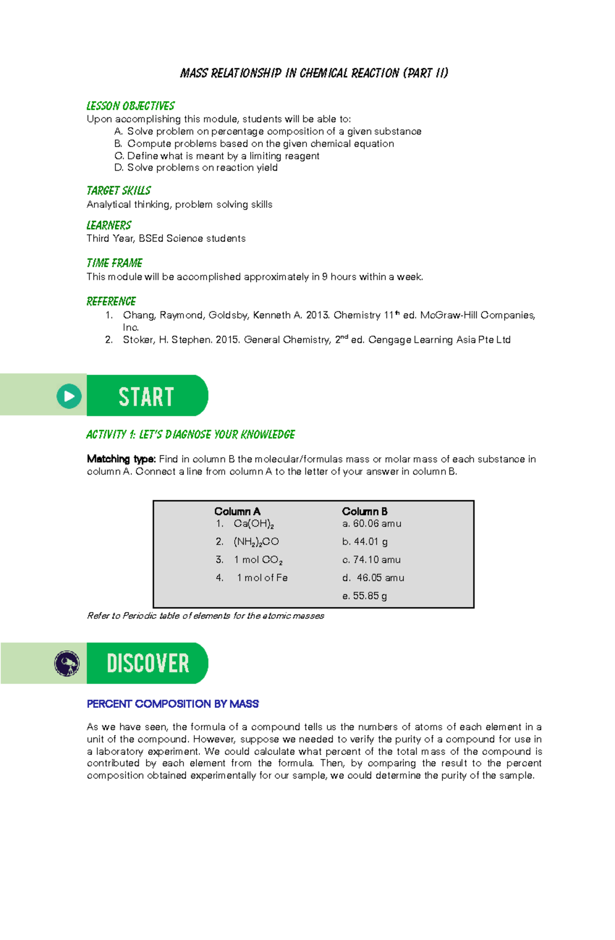 Week 4 Stoichiometry Lesson: Mass Relationship in Chemical Reactions ...