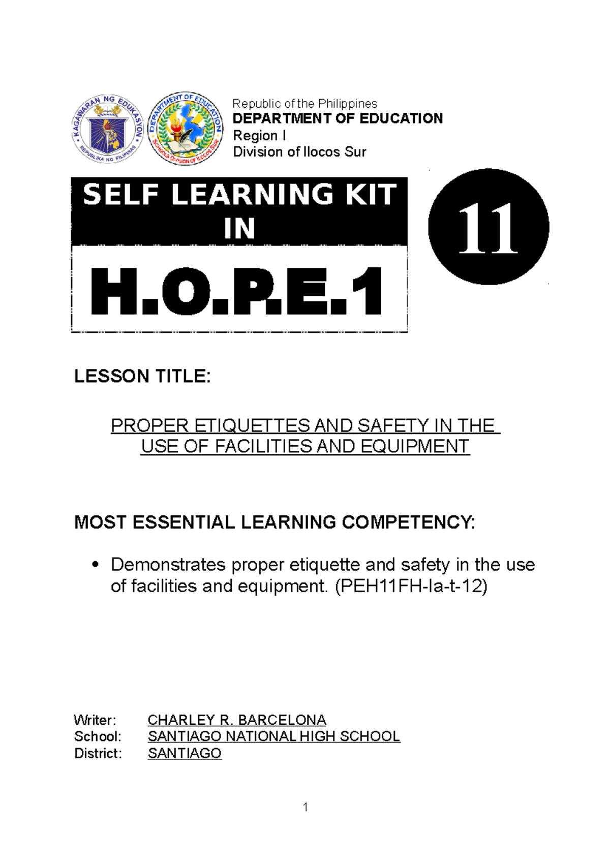 HOPE1-Lesson 6 - yes - LESSON TITLE: PROPER ETIQUETTES AND SAFETY IN ...
