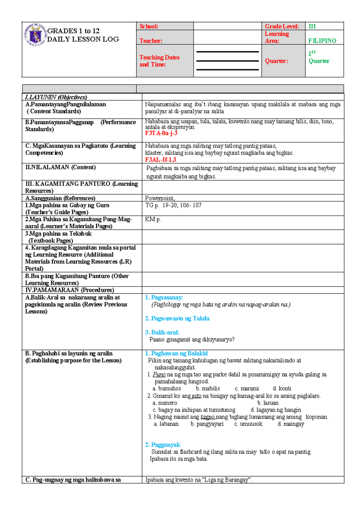 FILIPINO 1ST Quarter Daily Lesson Log for Grades 1-12 - Studocu