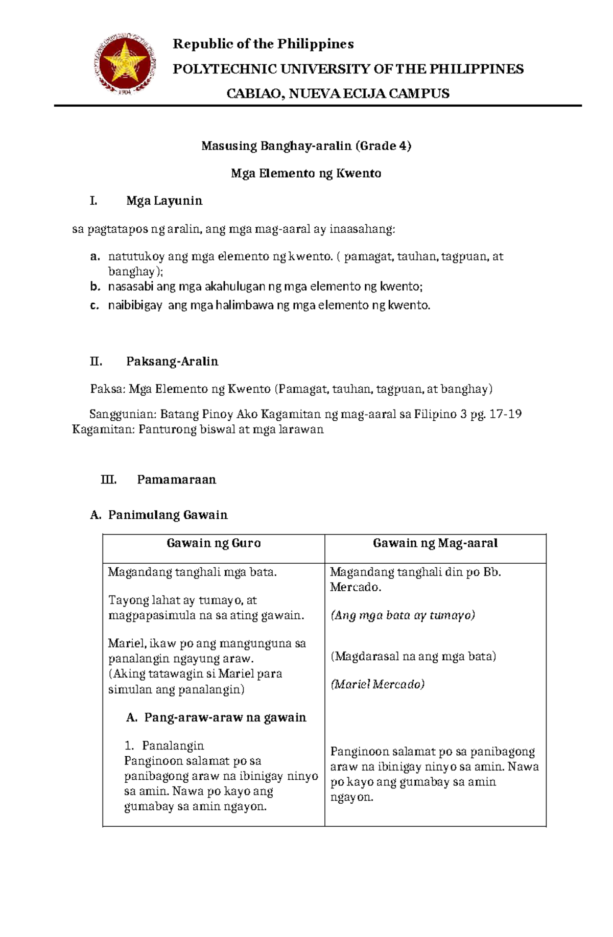 Masusing Banghay- elemento ng kuwento - POLYTECHNIC UNIVERSITY OF THE ...