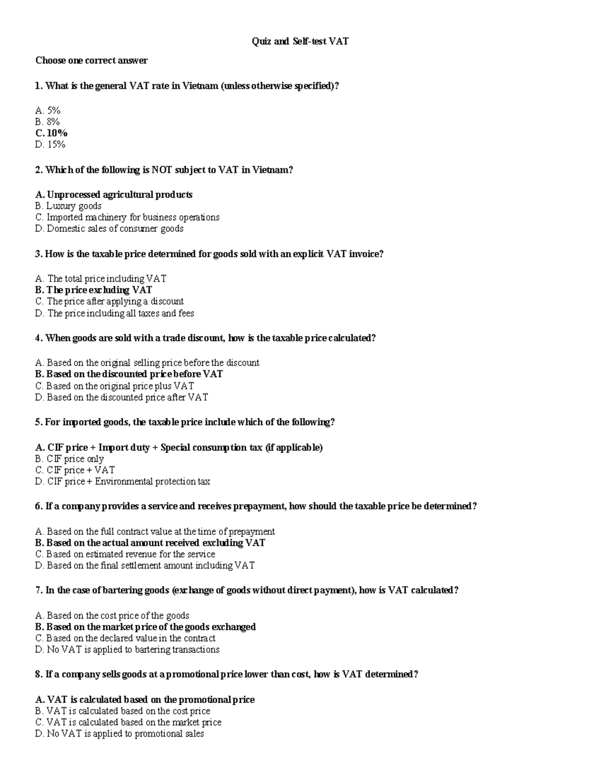Quiz on VAT: Multiple Choice Questions (VAT 101) - Studocu