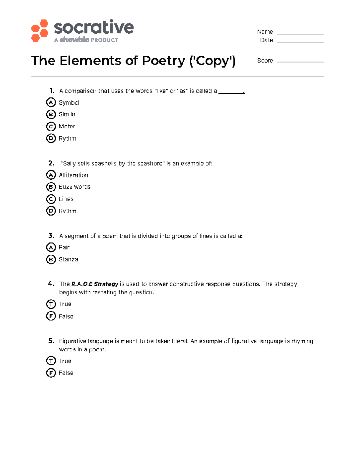 Quiz: The Elements of Poetry (ENG101) - Studocu