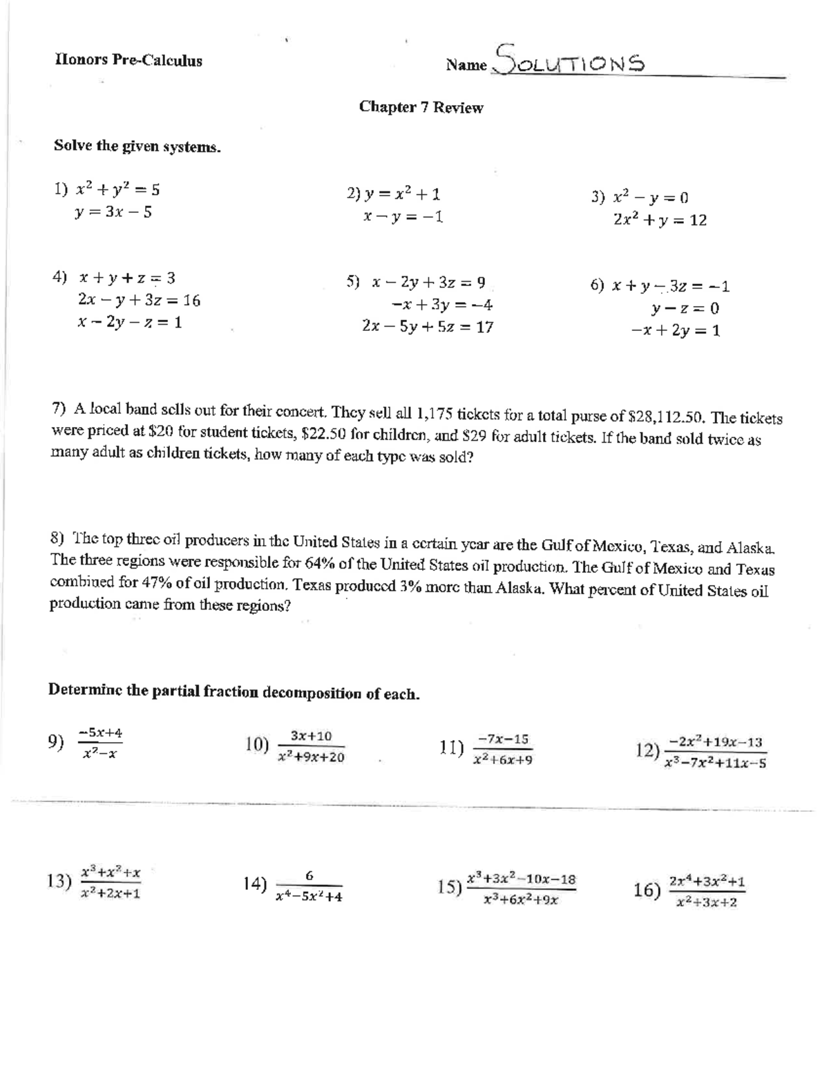 Precalculus H Chapter 7 Review Solutions: Systems of Equations - Studocu