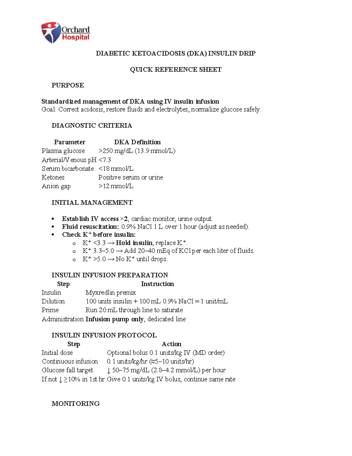 DKA Management Quick Reference Sheet (Insulin Drip) - Studocu