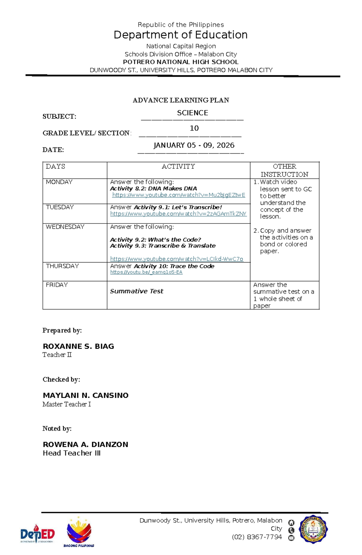 Q3 2026 Advance Learning Plan: Science Activities for Grade 10 - Studocu