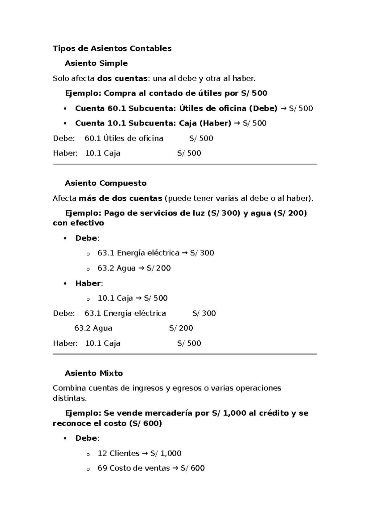 Tipos de Asientos Contables: Simple, Compuesto y Mixto - Studocu