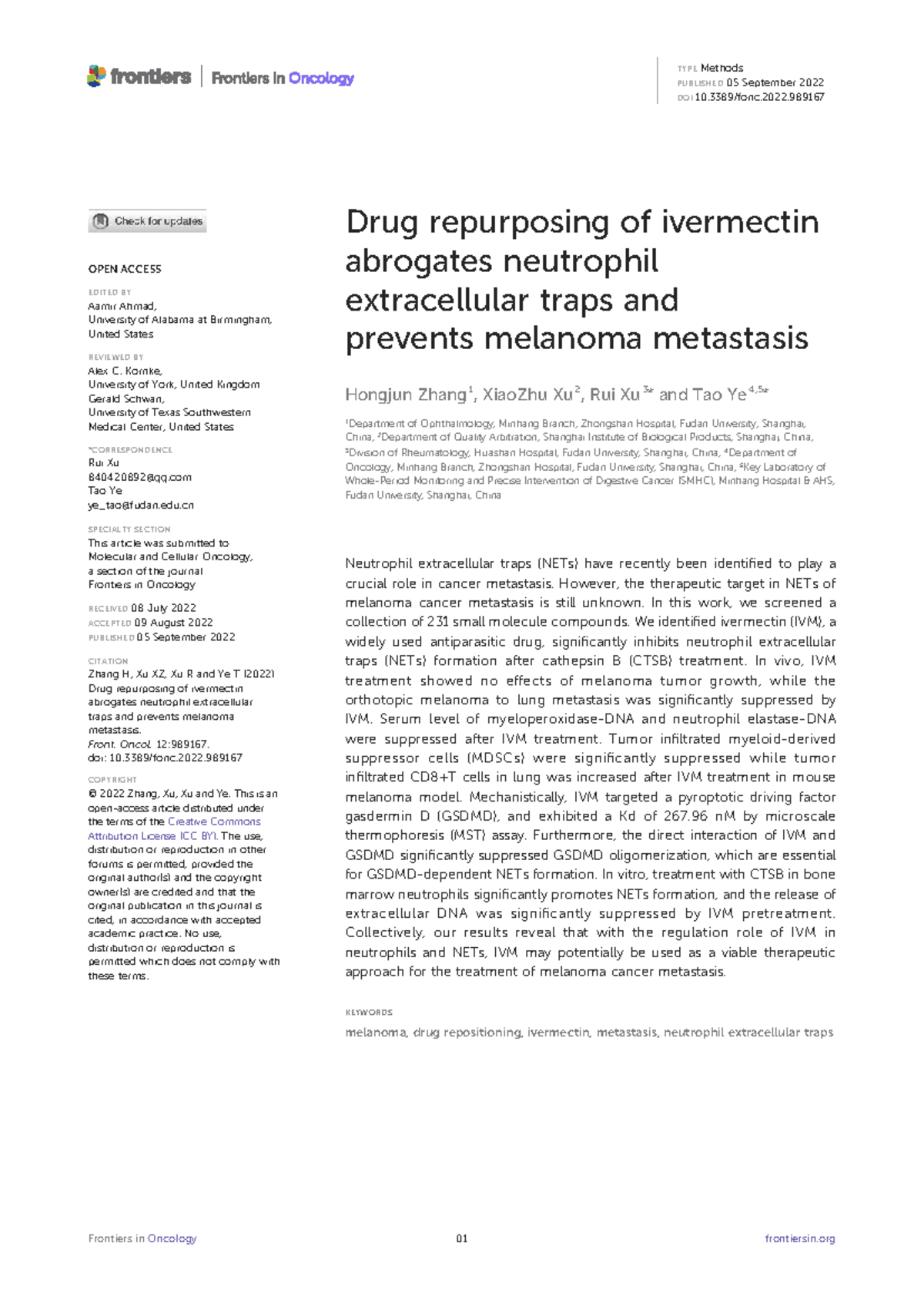 Drug Repurposing of Ivermectin: Impact on Melanoma Metastasis and NETs ...