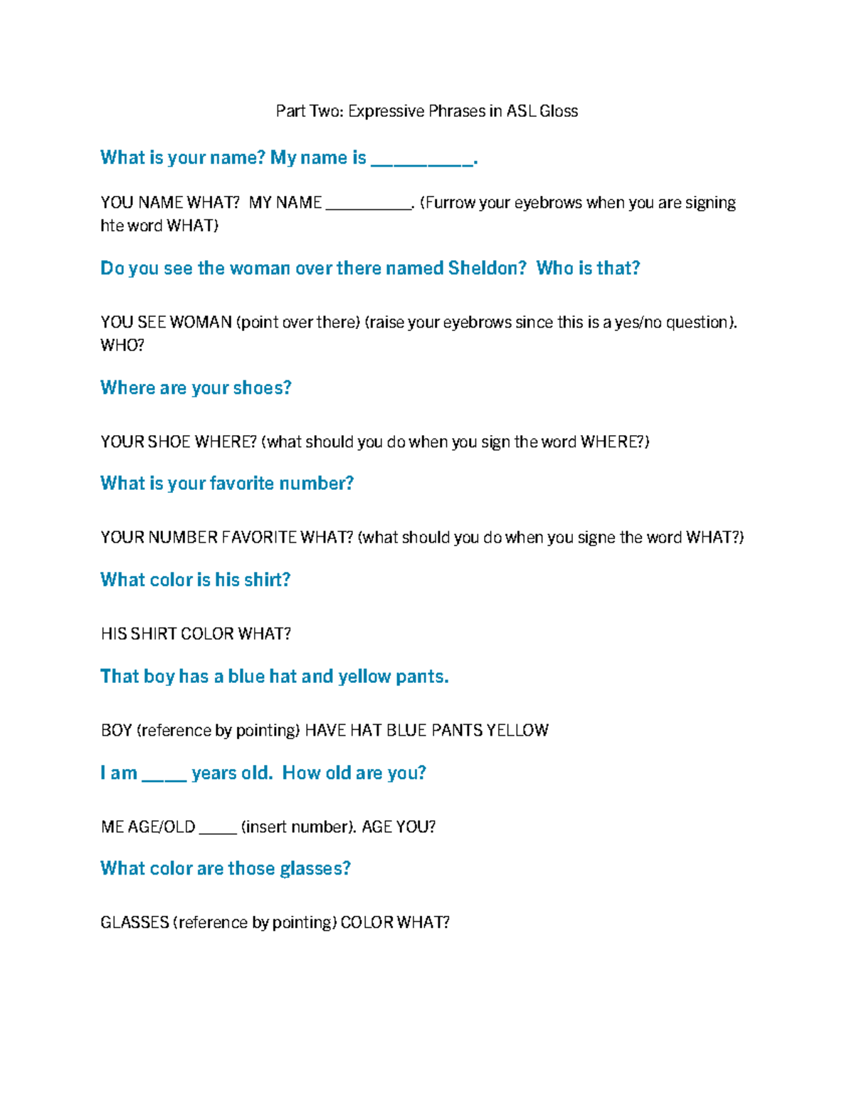 ASL Expressive Phrases Gloss Answers: Part Two Details - Studocu