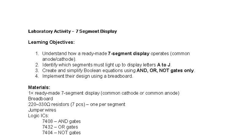 Cp E10 Lab Activity 7: Segment Display & Boolean Logic - Studocu