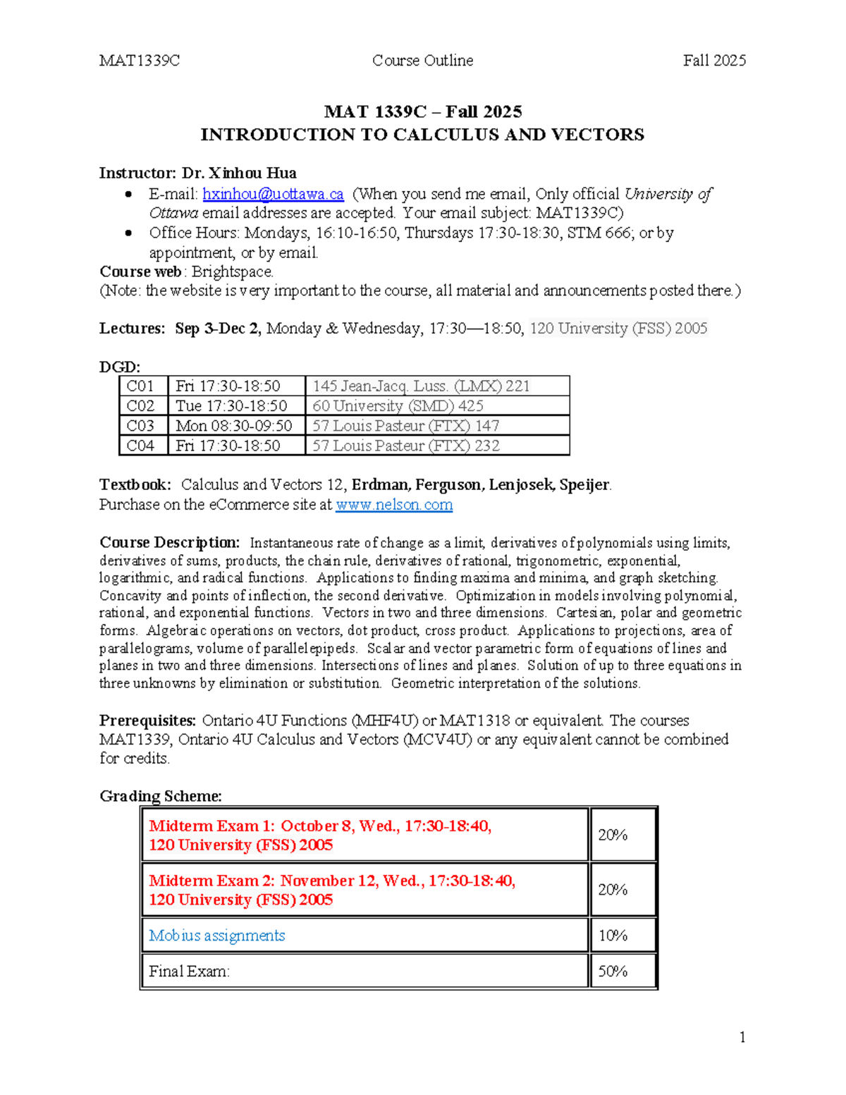 MAT1339C Course Outline - Introduction to Calculus and Vectors Fall ...