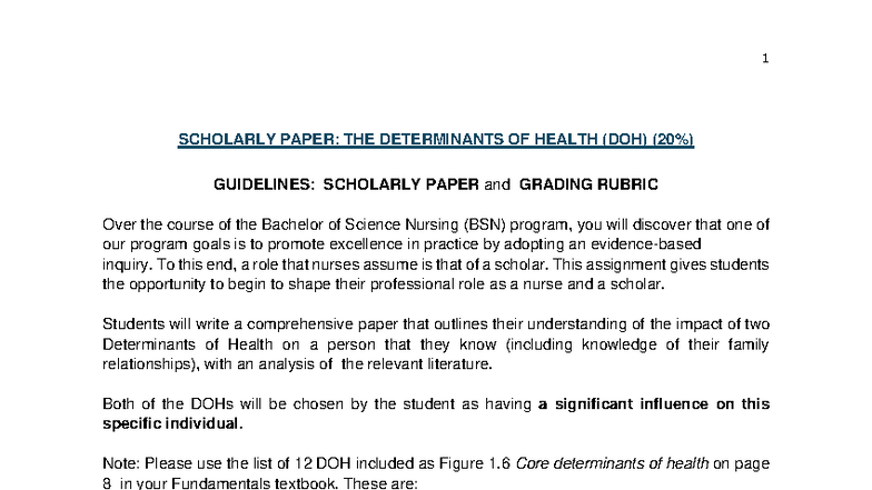 BSN N1109: Determinants of Health Scholarly Paper Guidelines & Rubric ...