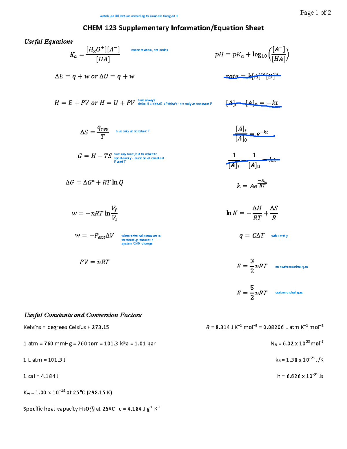 Formula sheet annotated - Page 1 of 2 CHEM 123 Supplementary ...