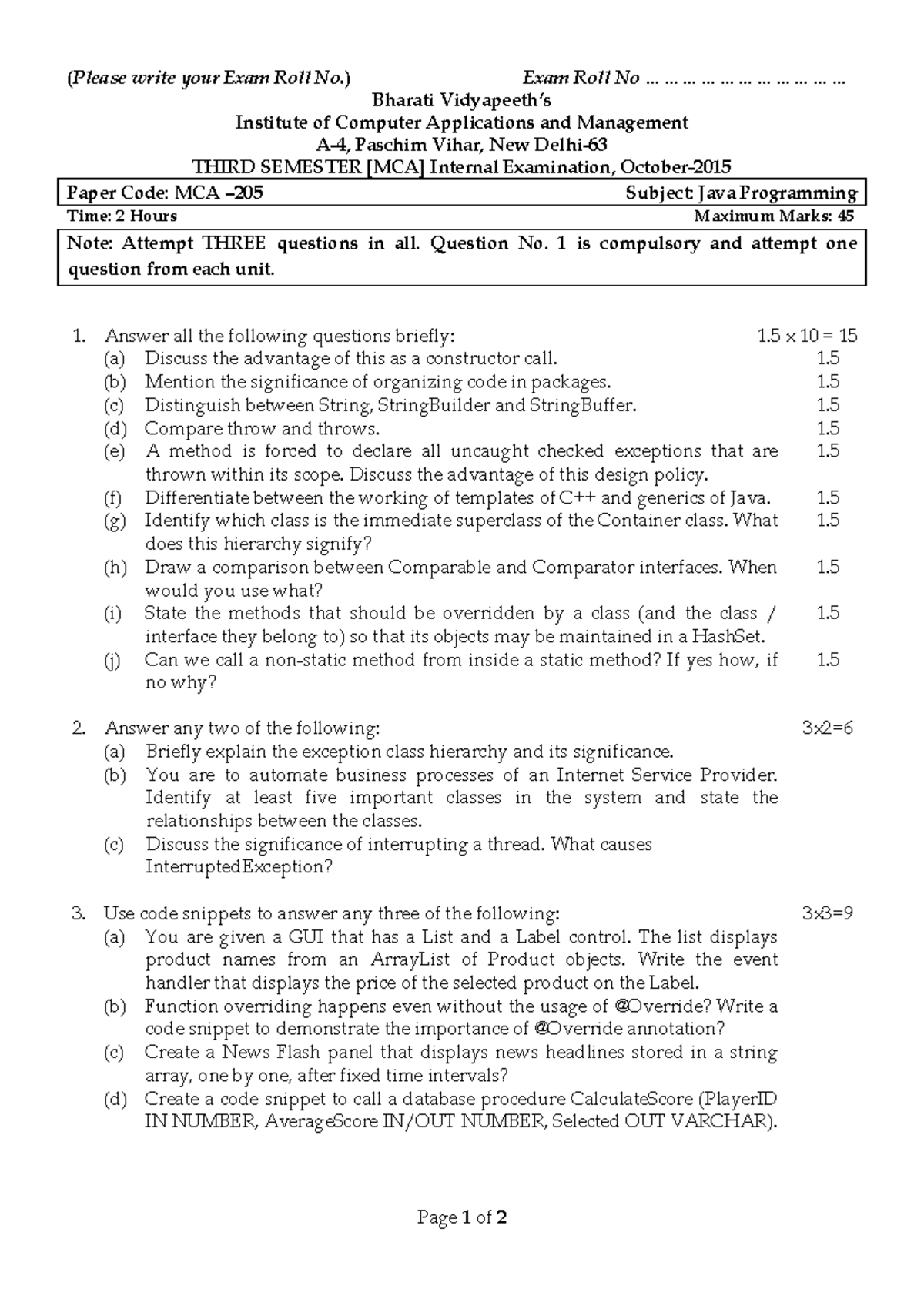 MCA 109 Java Programming Internal Exam Question Paper 2015 - Studocu