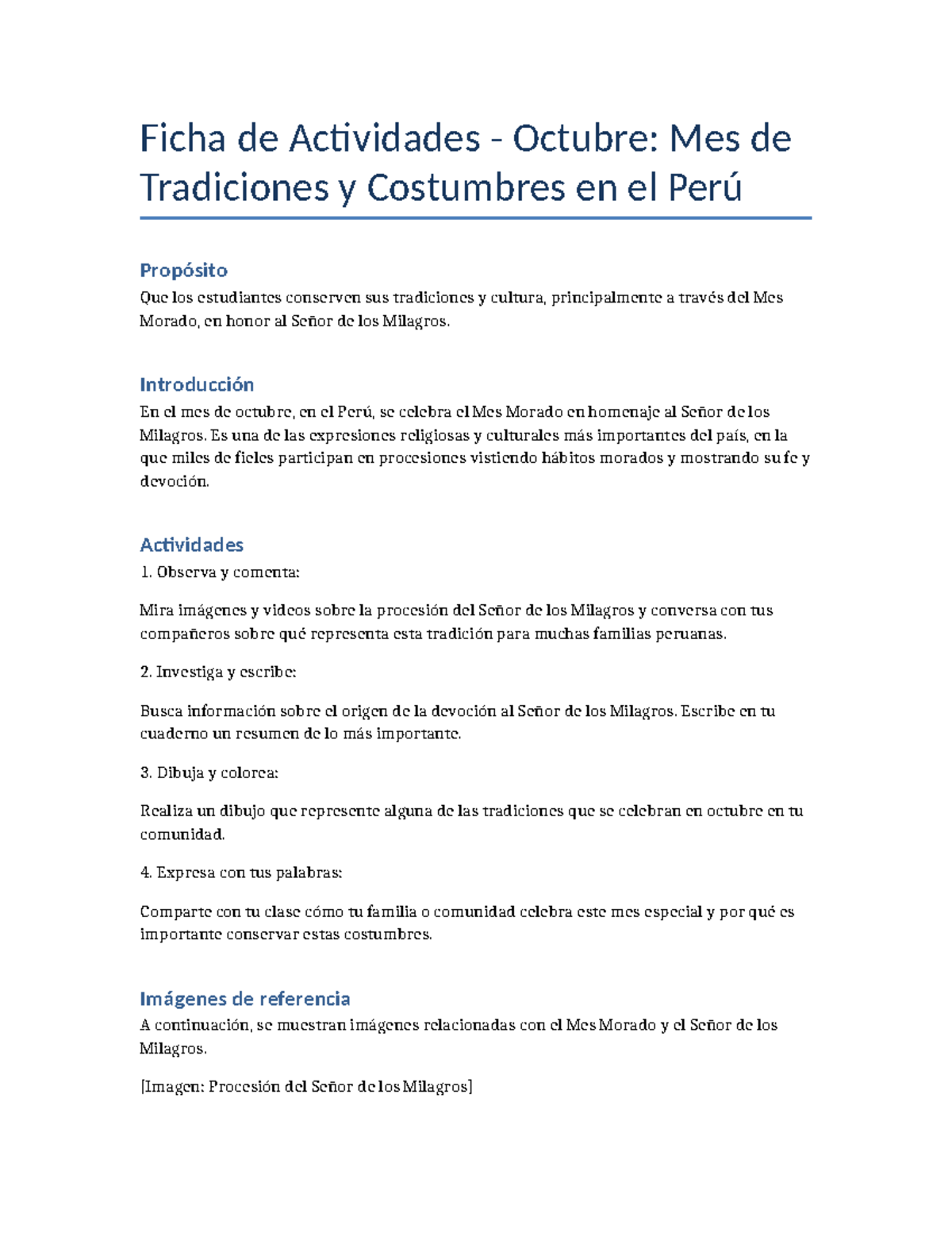 Actividades de Octubre: Tradiciones y Costumbres en el Perú - Studocu