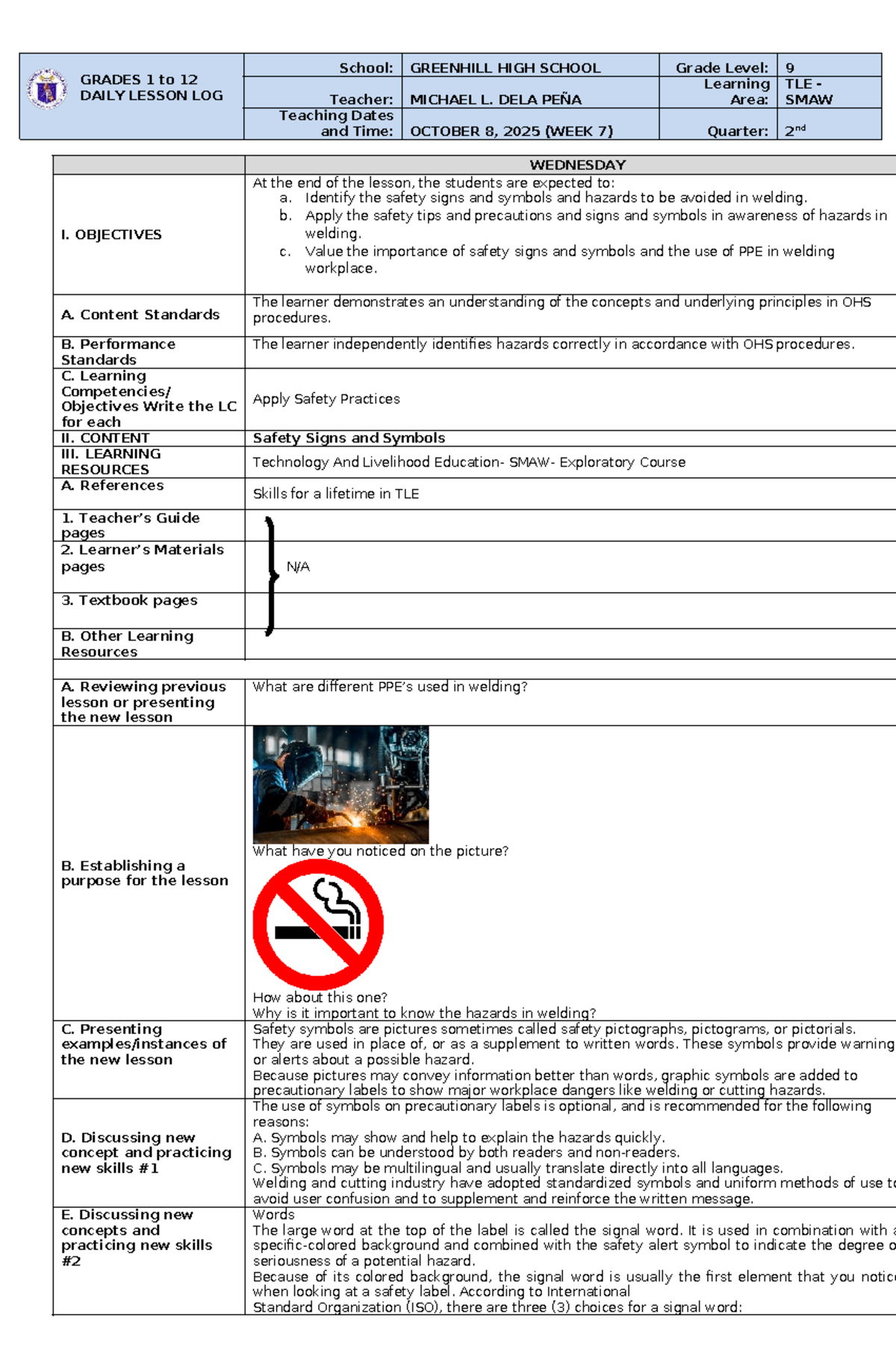 Q2 W7 D3 - Daily Lesson Log on Safety Signs in TLE SMAW - Studocu