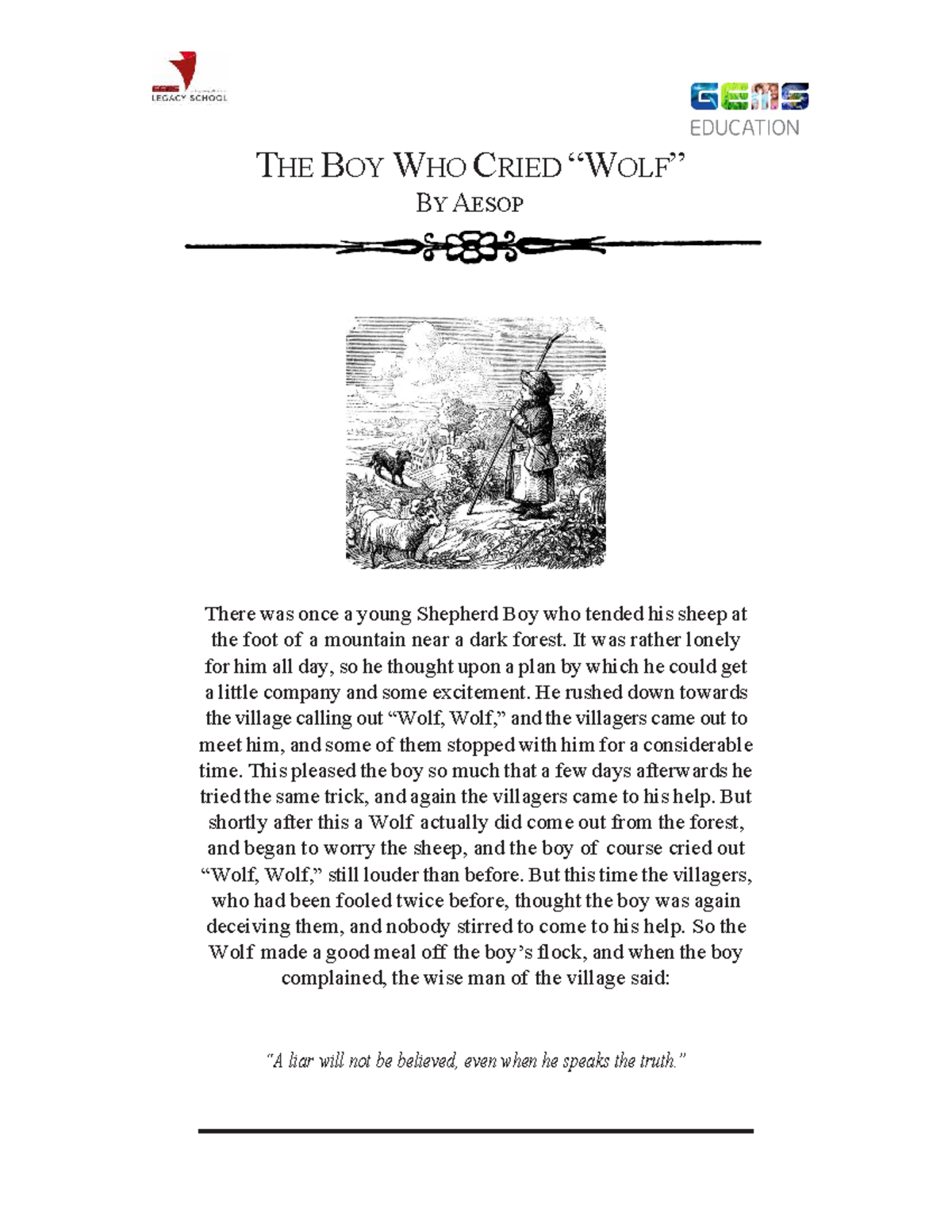 AESOP'S FABLE: THE BOY WHO CRIED WOLF - Studocu