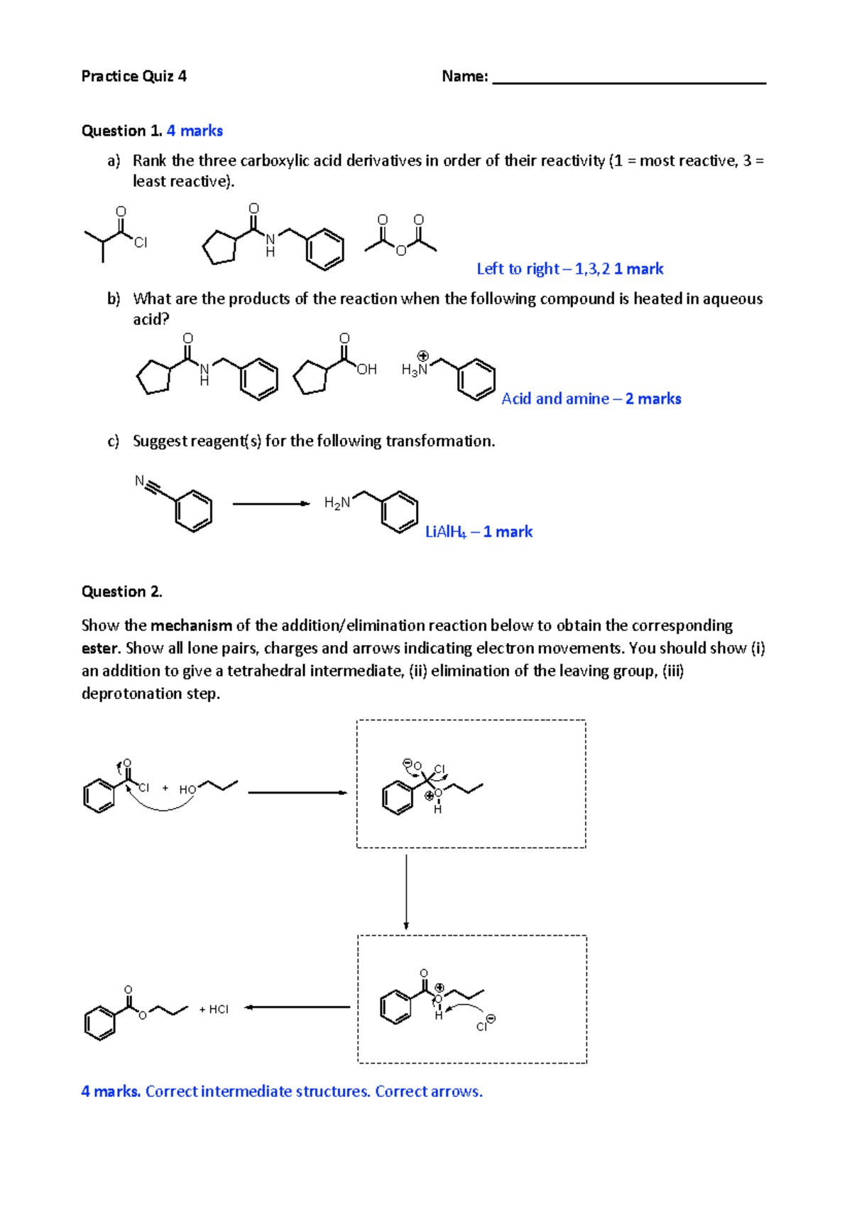 Practice Quiz 4 Answers: Carboxylic Acid Derivatives & Reactions - Studocu