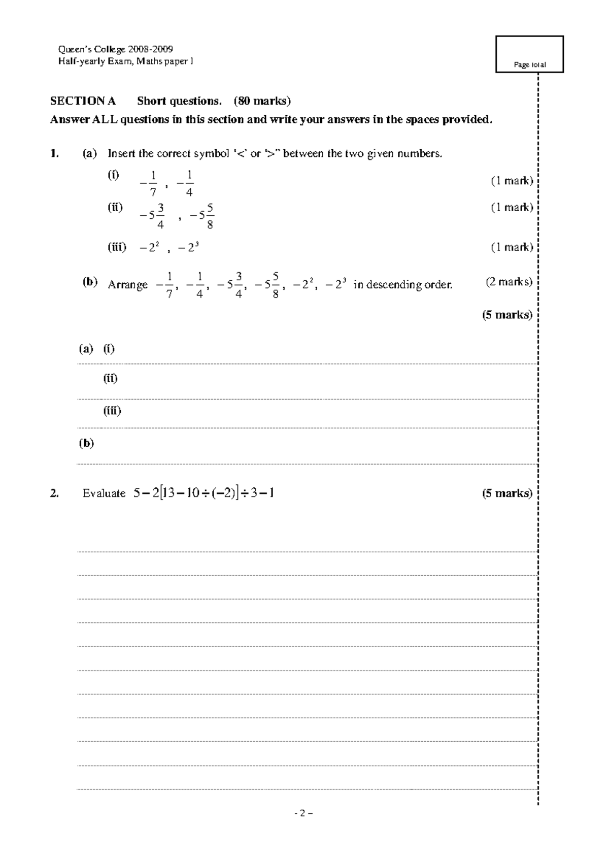 S1 Maths Paper I - College Exam Short Questions (80 Marks) - Studocu