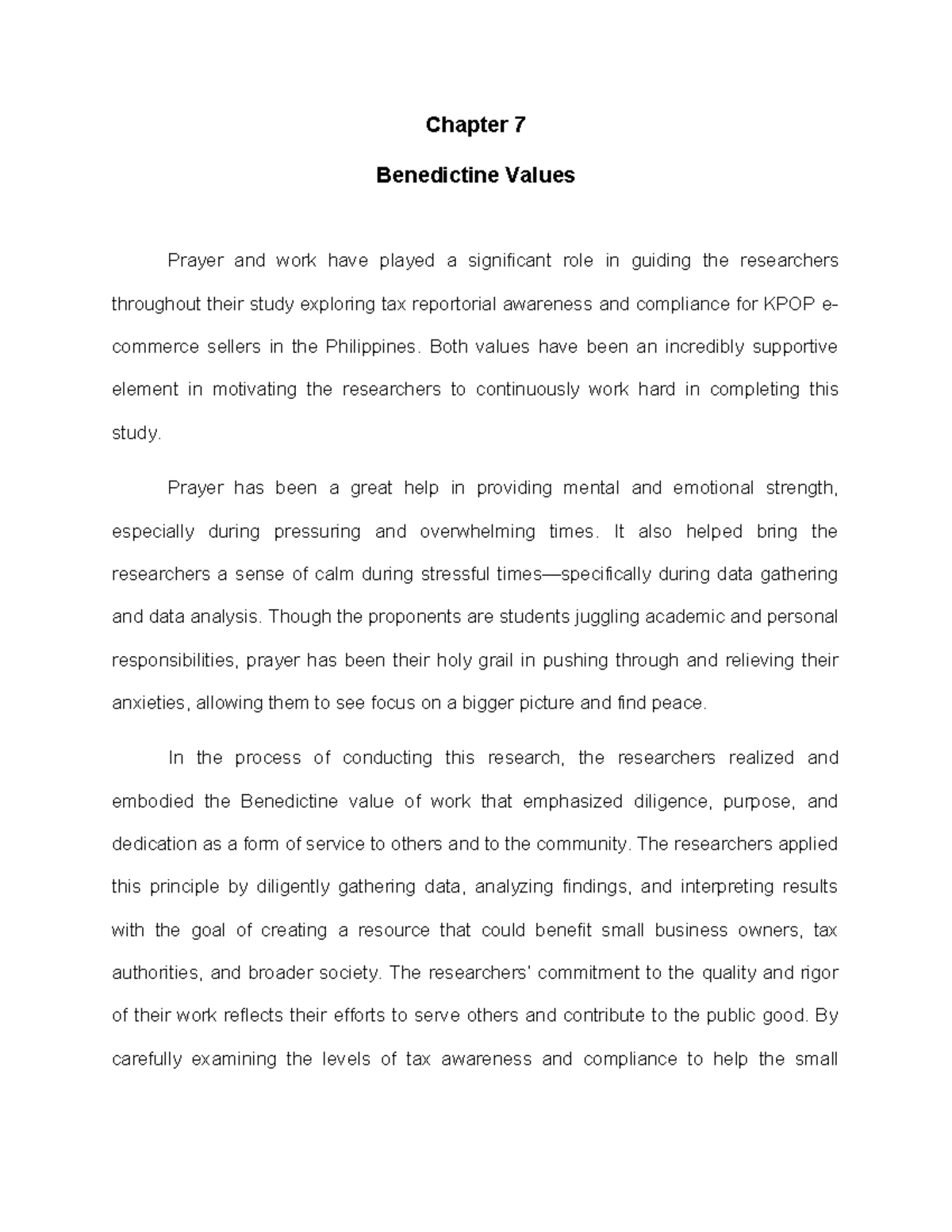 Chapter 7 - Exploring Benedictine Values in Research Completion - Studocu