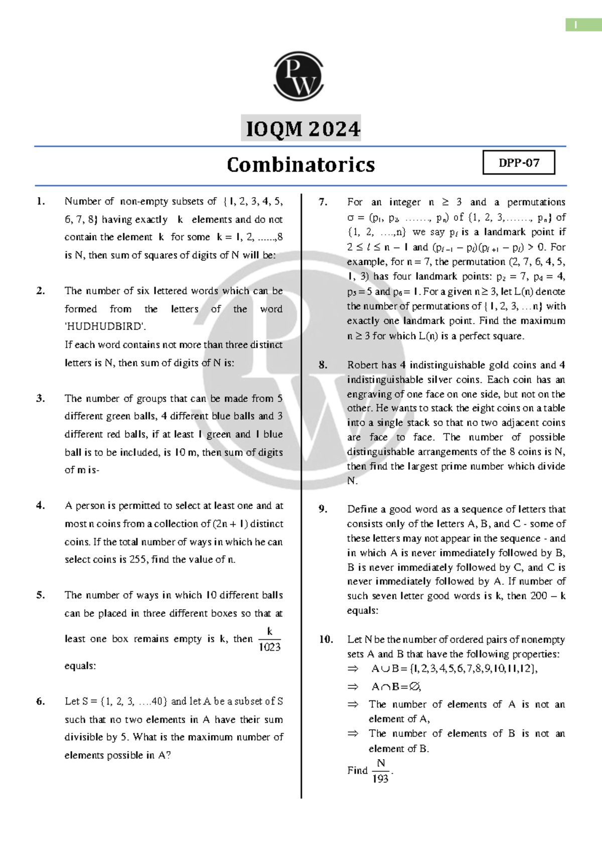 Combinatorics DPP 07 Solutions for IOQM 2024 Exam Preparation - Studocu