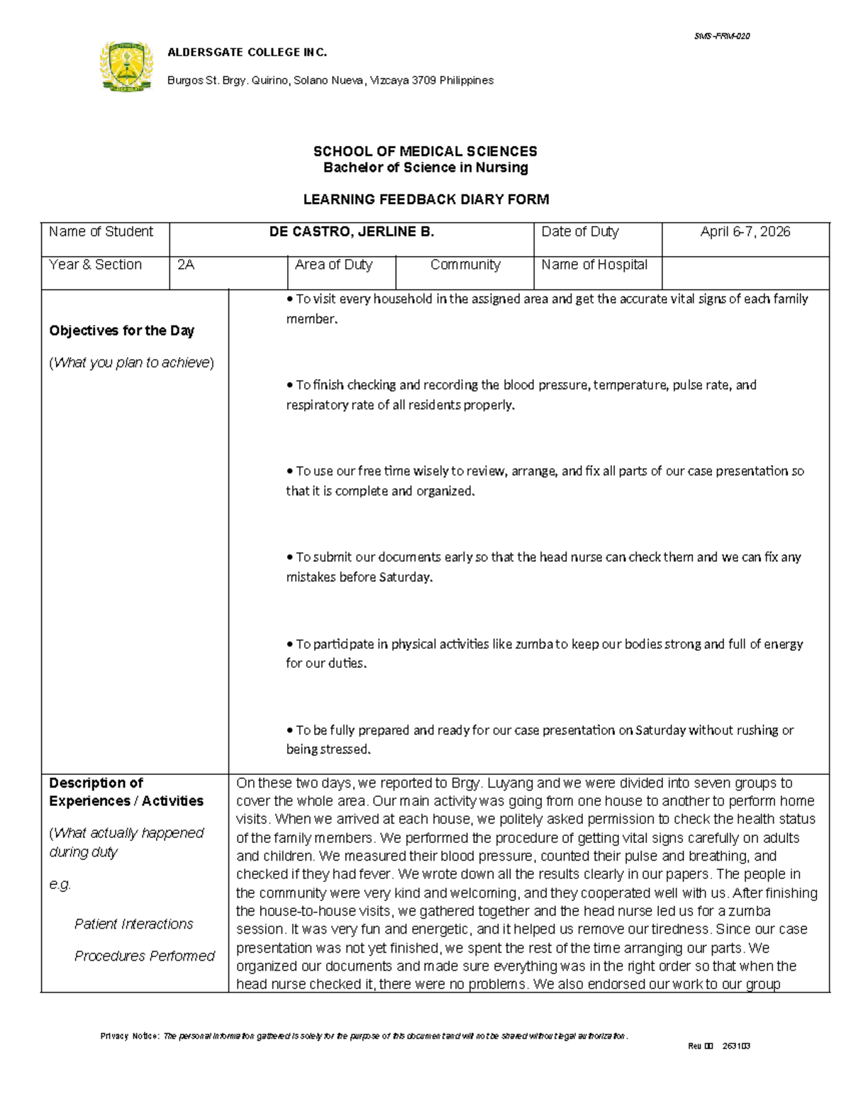 LFD Form: Community Health Experience Reflection - BSN 2A - Studocu