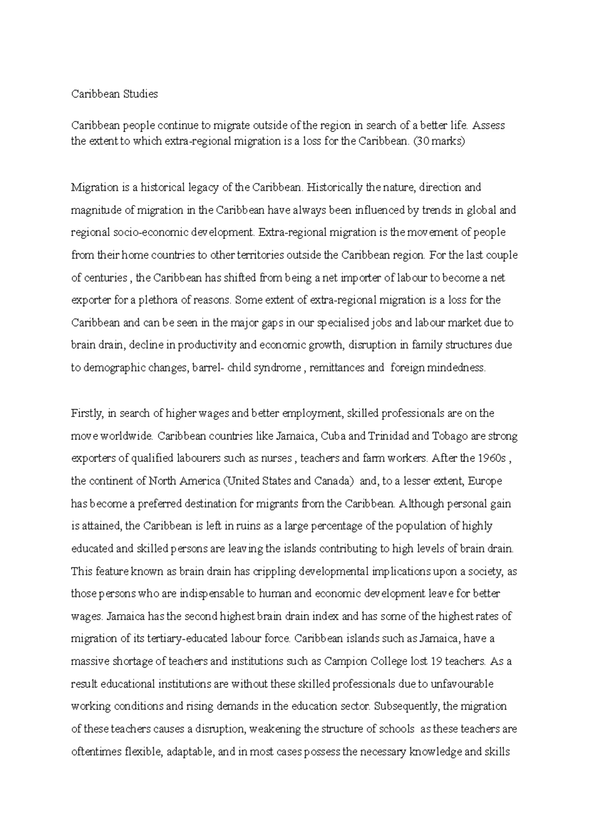 Caribbean Studies Module 1 - Sample essay with points - MODULE 1 ...