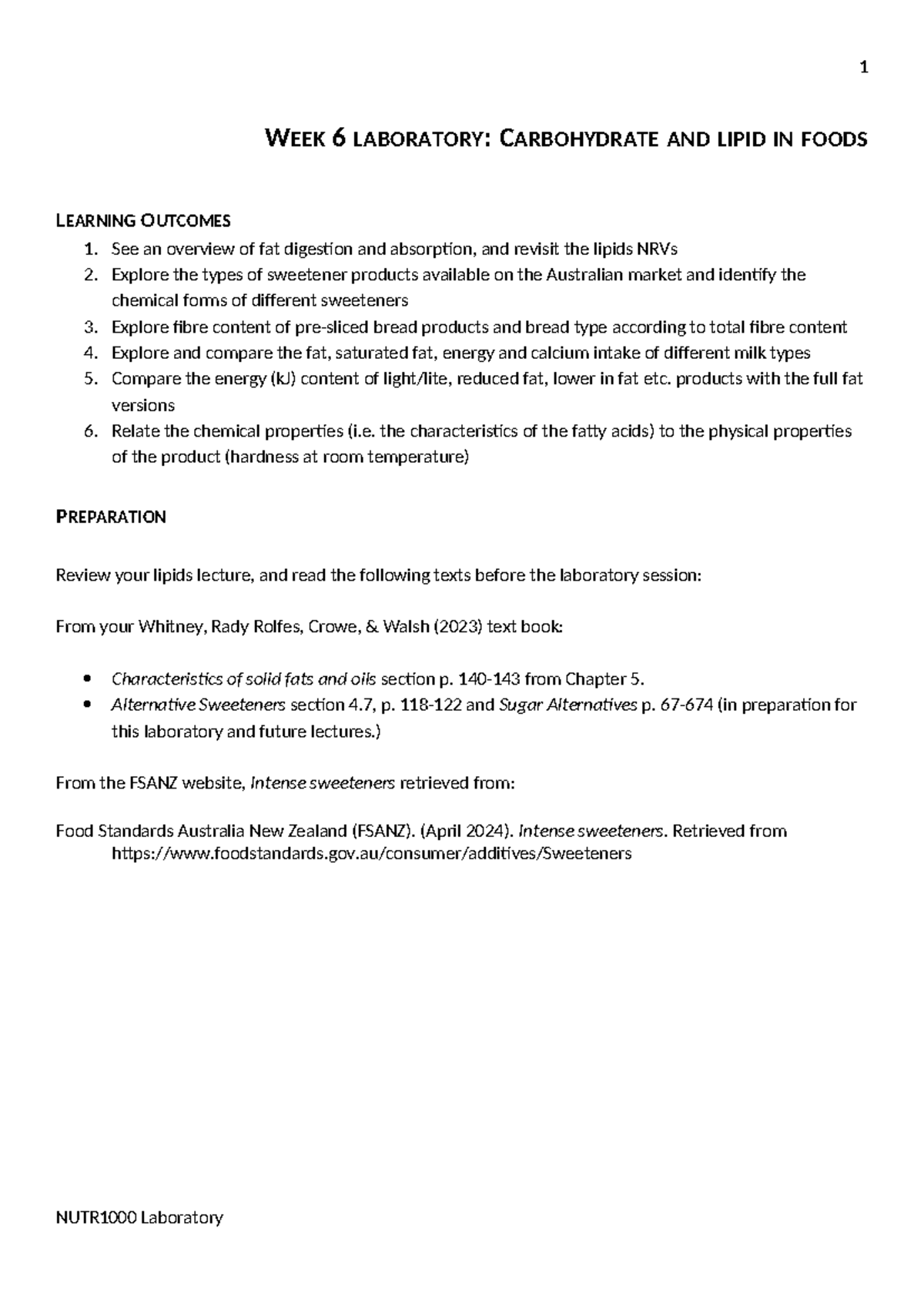 Week 6 Lab: Carbohydrates & Lipids in Foods - Learning Outcomes ...