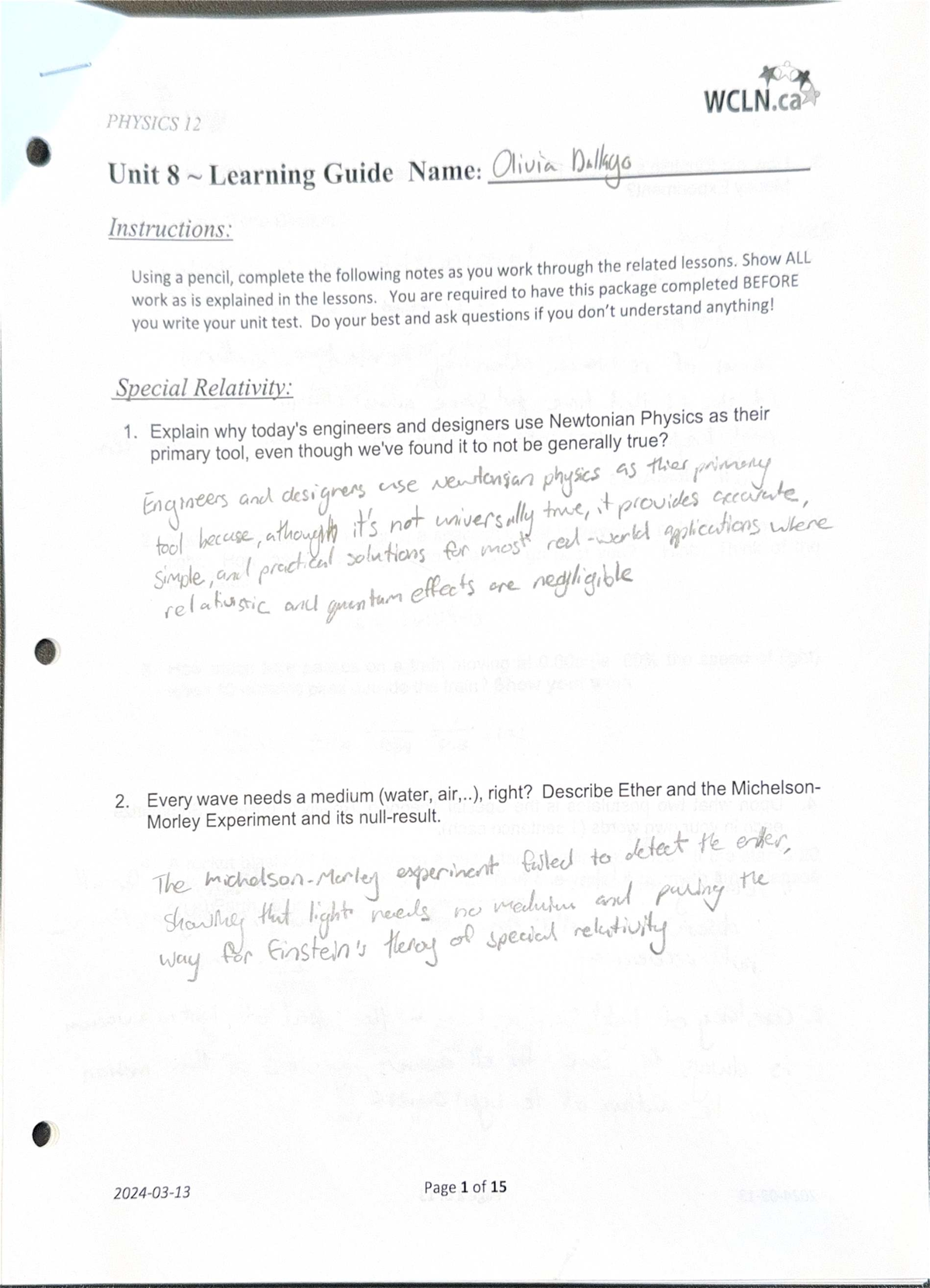 WCLN PHYSICS 12 Unit 8 Learning Guide: Special Relativity & Quantum ...