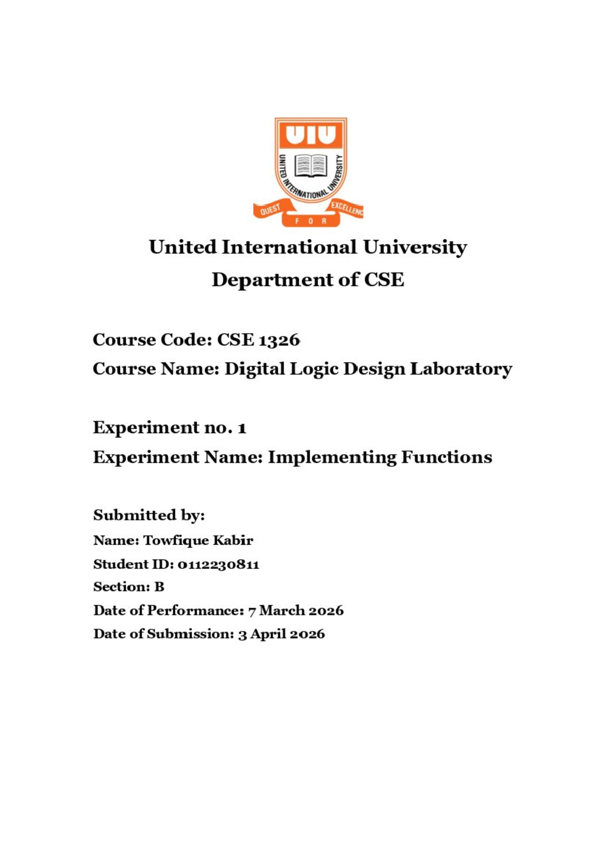 LAB Report 1: Implementing Functions in CSE 1326 Digital Logic Design ...