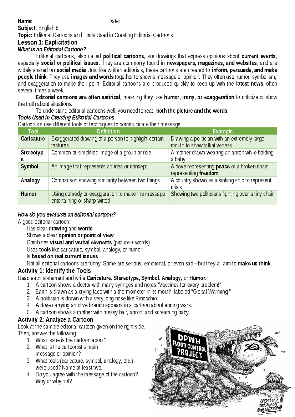 English 8: Lesson 1 - Understanding Editorial Cartoons and Their Tools ...