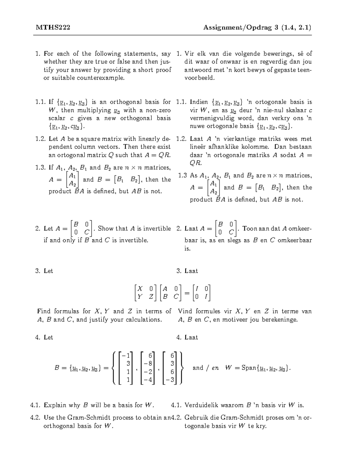 MTHS222 - Assignment 3: Orthogonal Basis and Matrix Proofs - Studocu