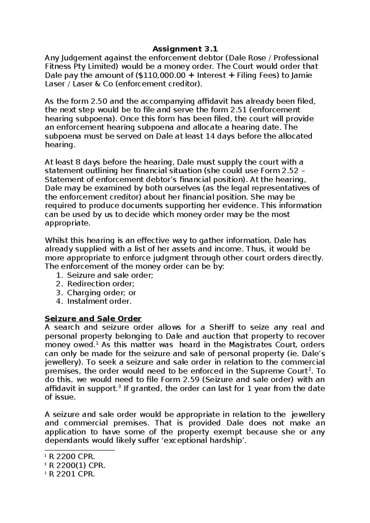 Assignment 3.1 - Enforcement Orders and Procedures for Dale Rose ...