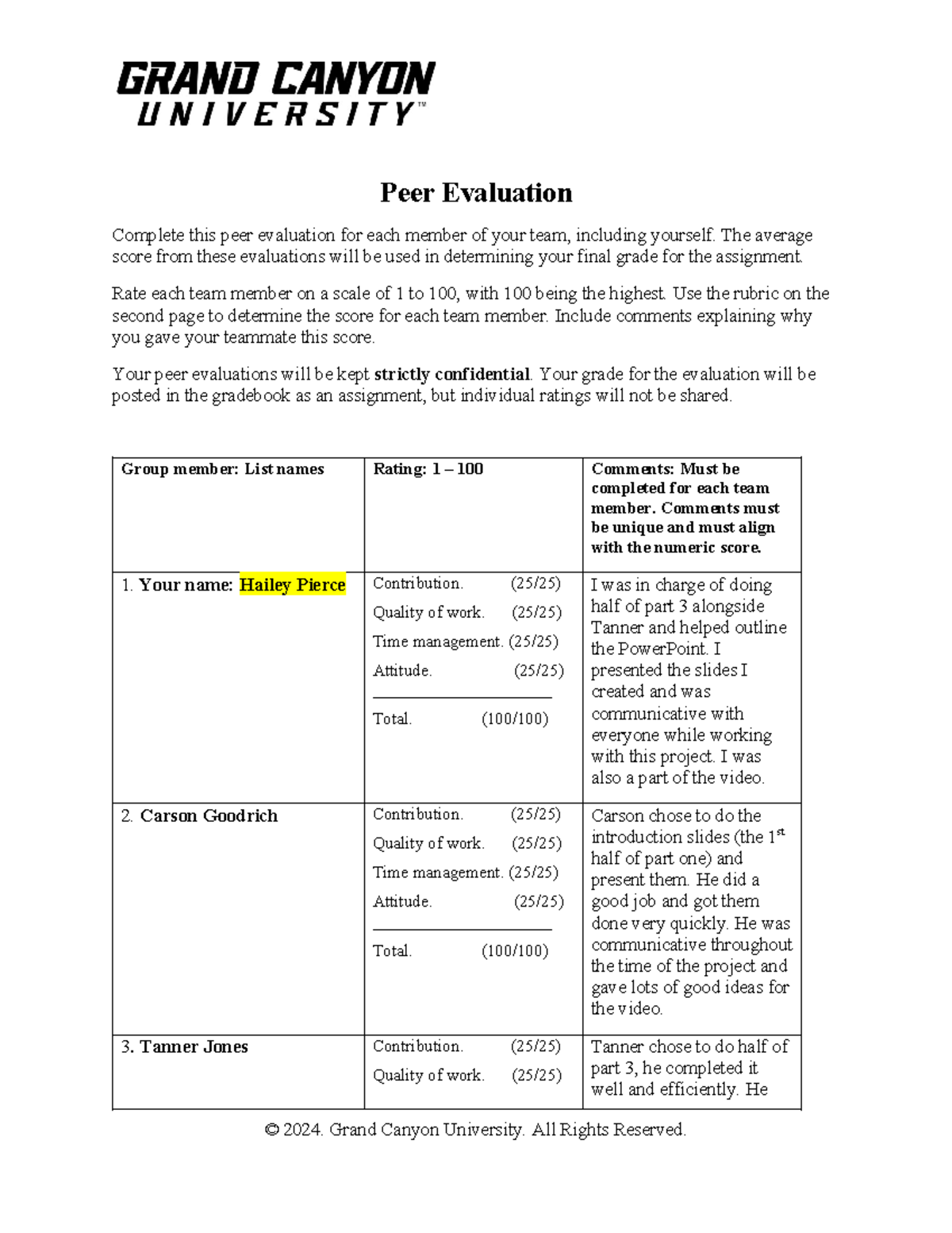 BUS 390-Peer Evaluation Form Instructions and Rubric Guide - Studocu