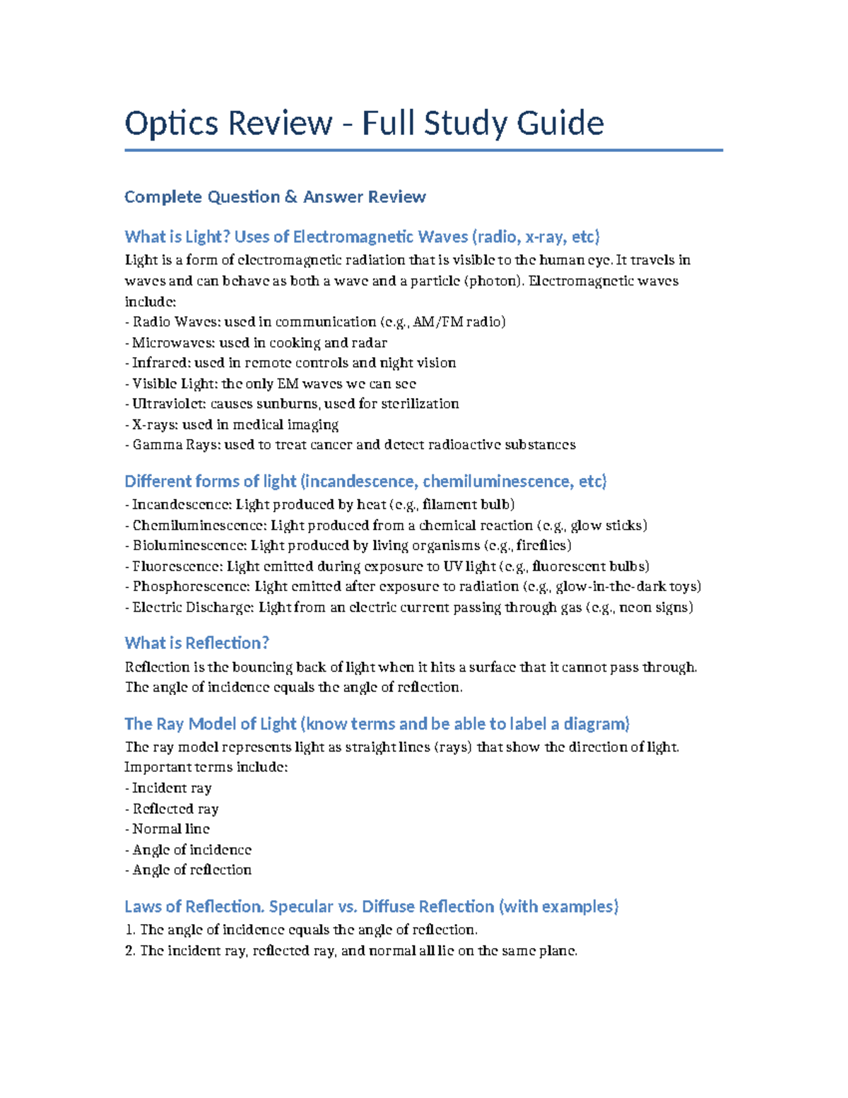 Optics Review (PHYS 101) Study Guide: Light, Reflection, and Refraction ...