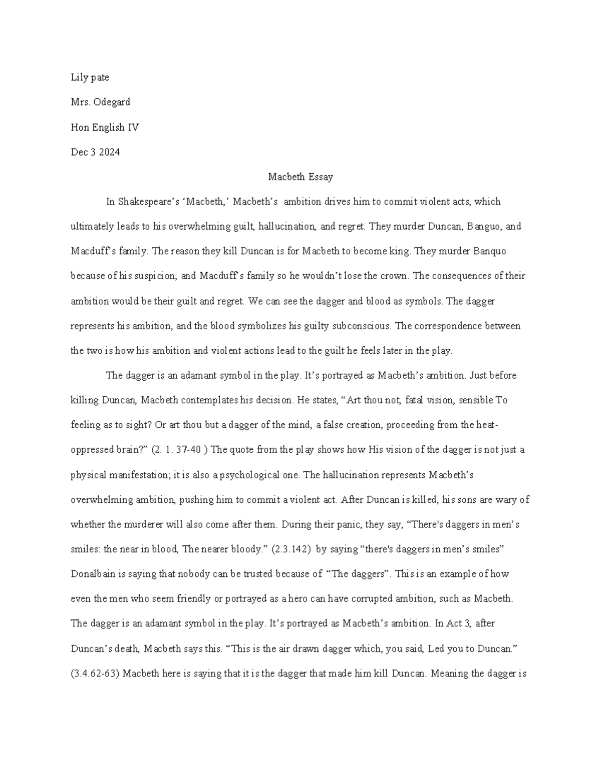 Hon English IV - Macbeth In-Class Essay Analysis and Insights - Studocu