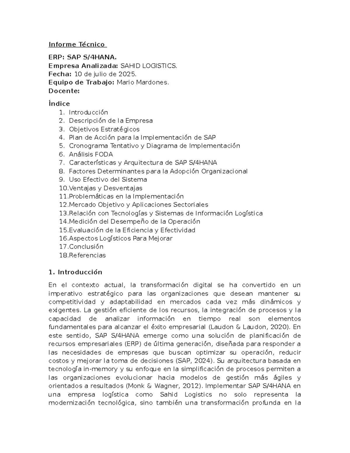 Informe Técnico ERP: Implementación de SAP en SAHID LOGISTICS - Studocu
